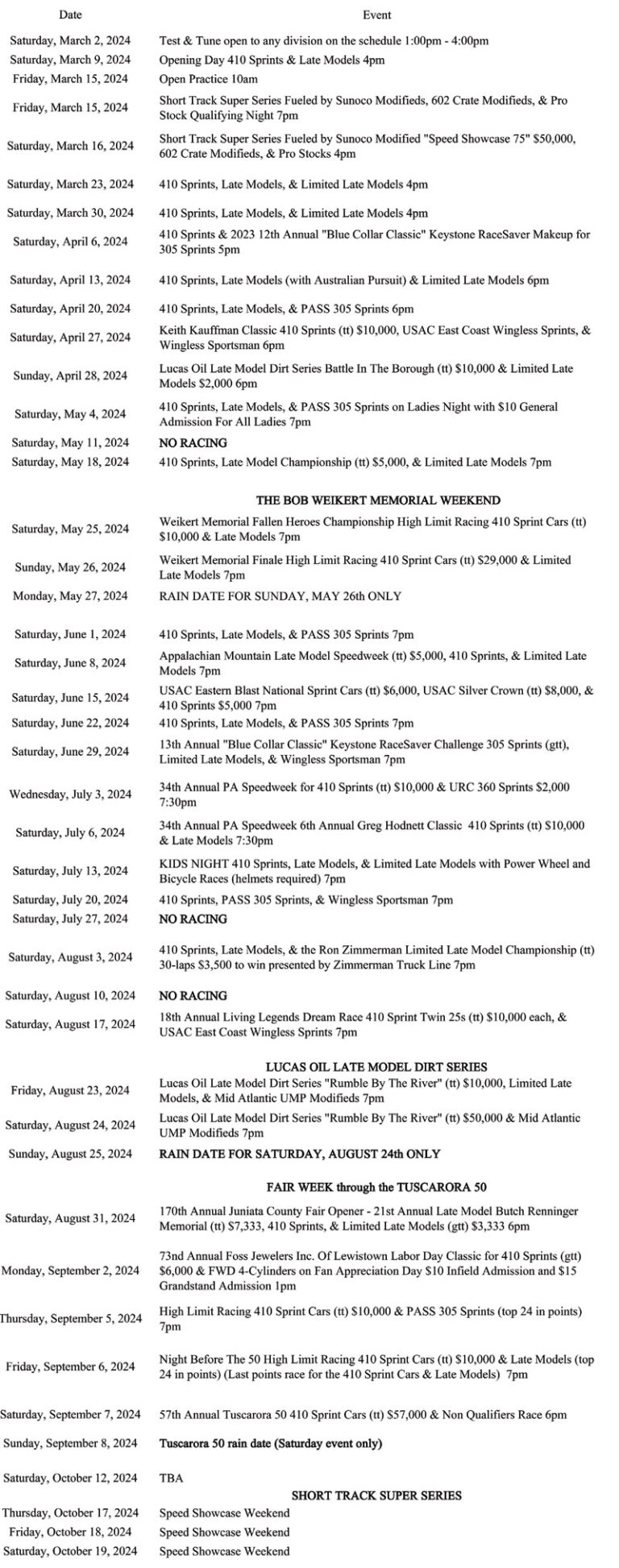 Port Royal Speedway Unveils Schedule For 2024 Racing Season; Other ...