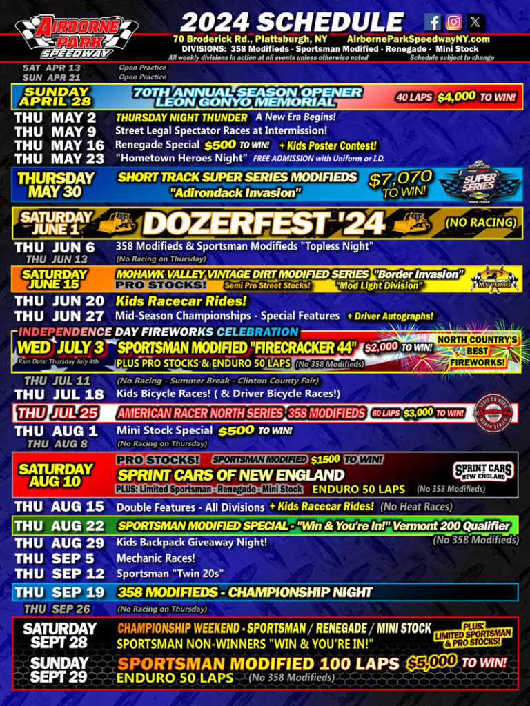 Airborne Park Speedway Releases 2024 Season Schedule; Slate To Kick Off ...